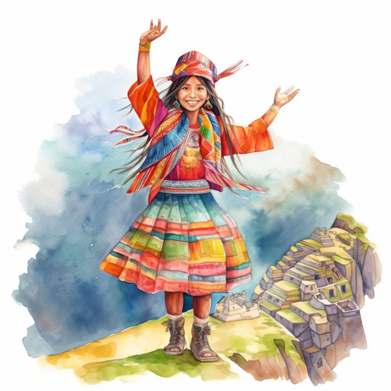 Colorful, Watercolor, Peruvian Girl, Waving With, Joy, Machu Picchu ...