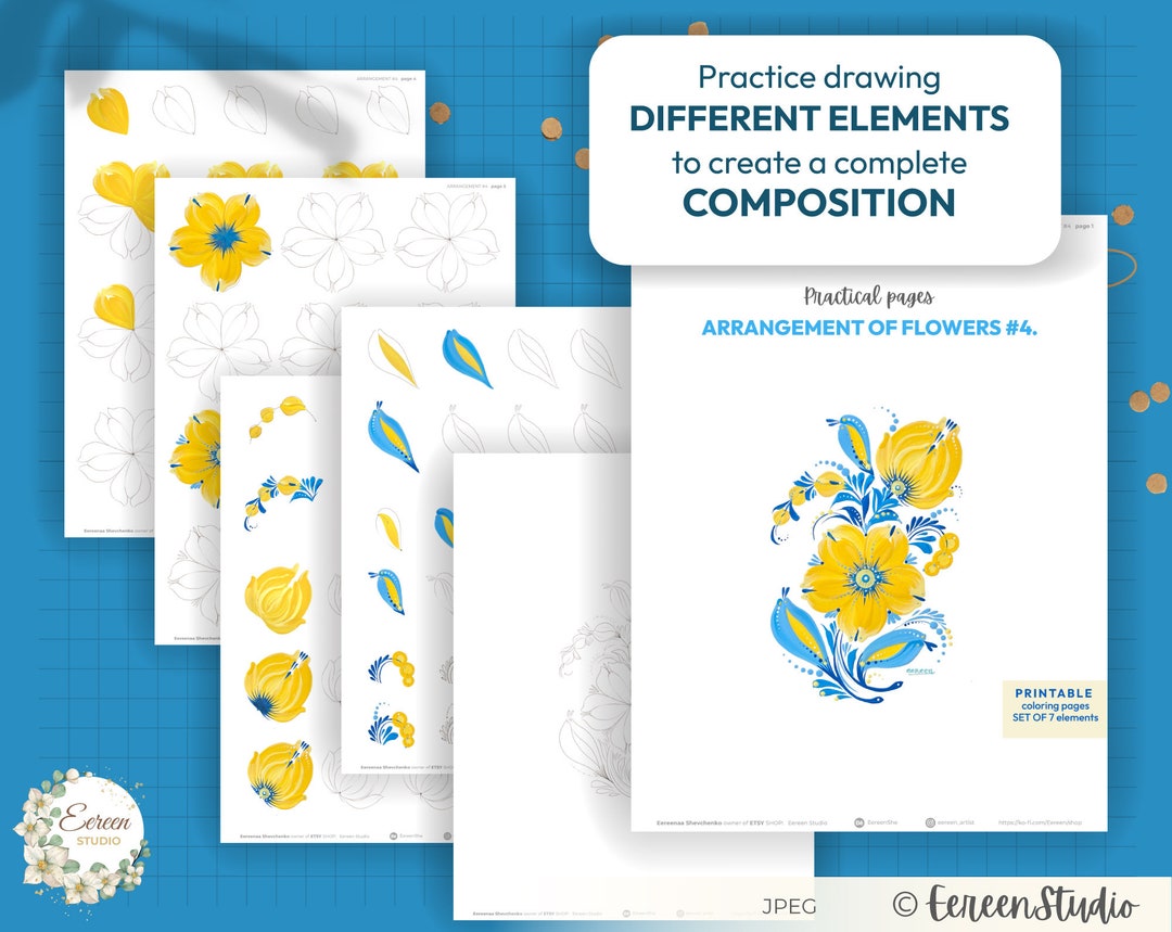 Flower Arrangement Drawing Practice Pages, Set of 7 Elements (digital ...