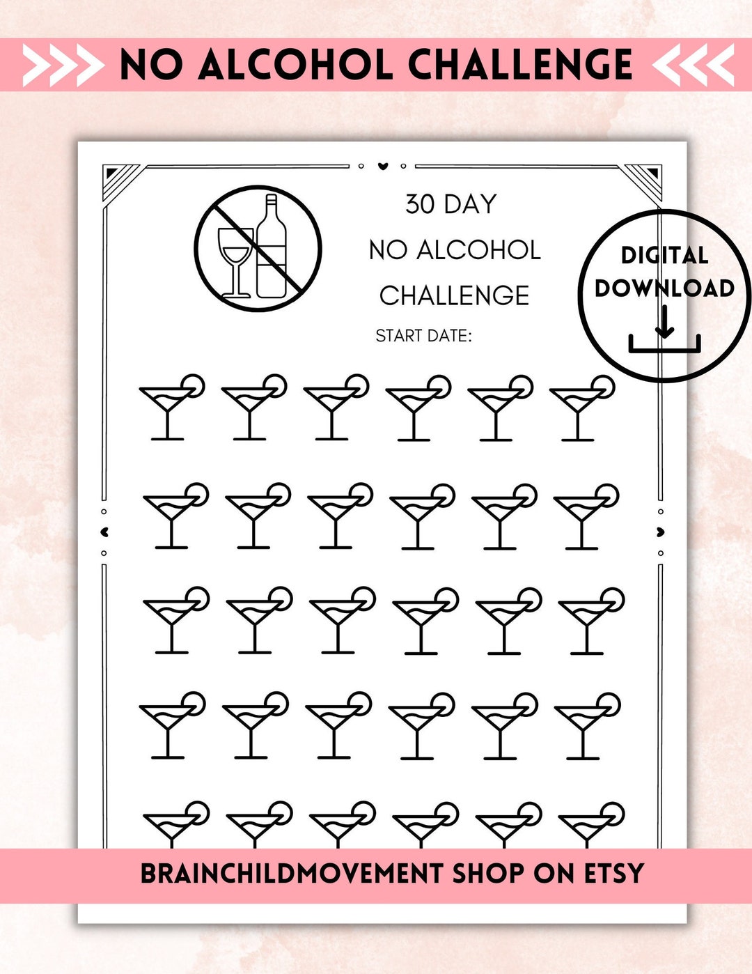 No Alcohol Challenge | 30 Day Dry Challenge | Printable - Etsy