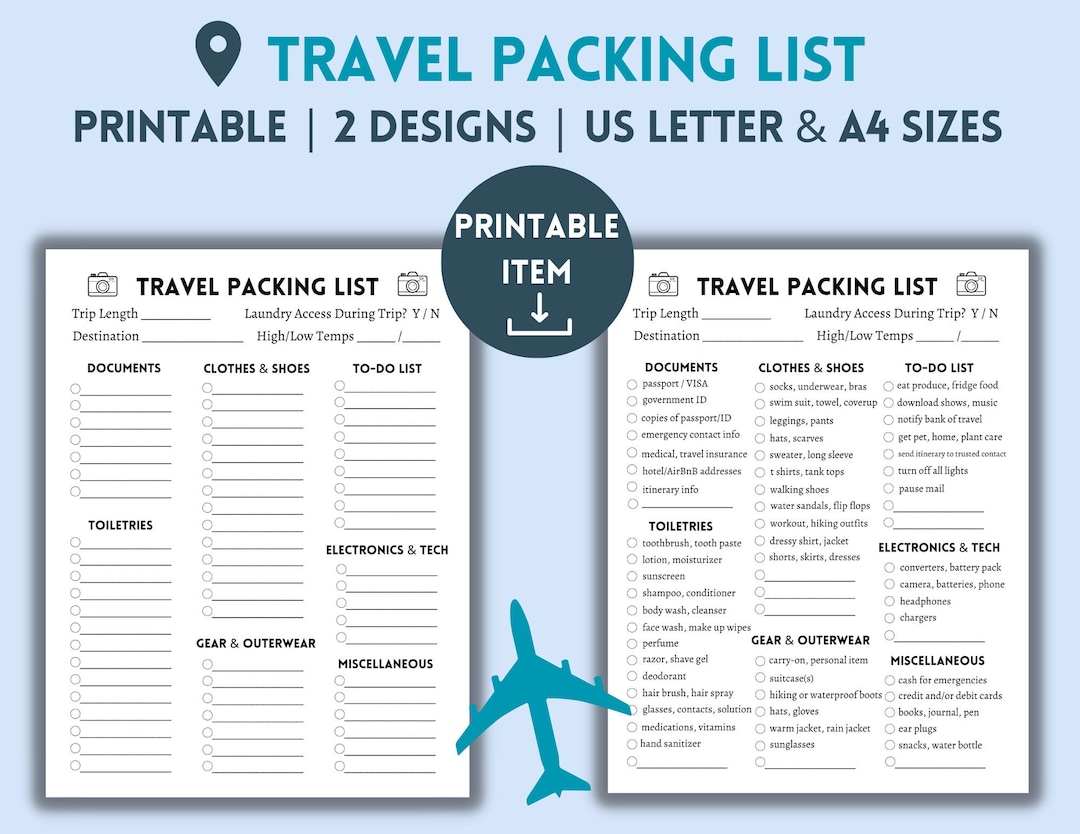 Packing List | Vacation Packing List | A4 & US Letter | Printable - Etsy
