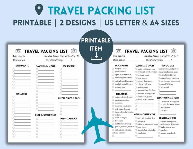 Packing List | Vacation Packing List | A4 & US Letter | Printable - Etsy