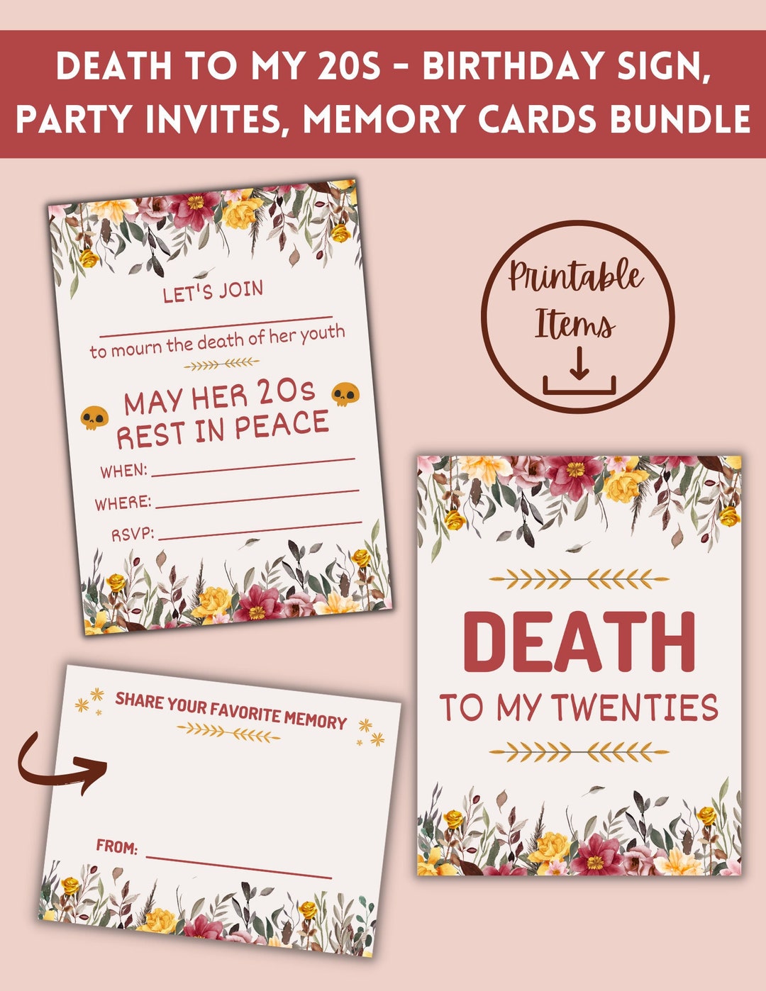Death to My 20s Bundle | Birthday Sign, Invitations, Memory Cards | RIP ...