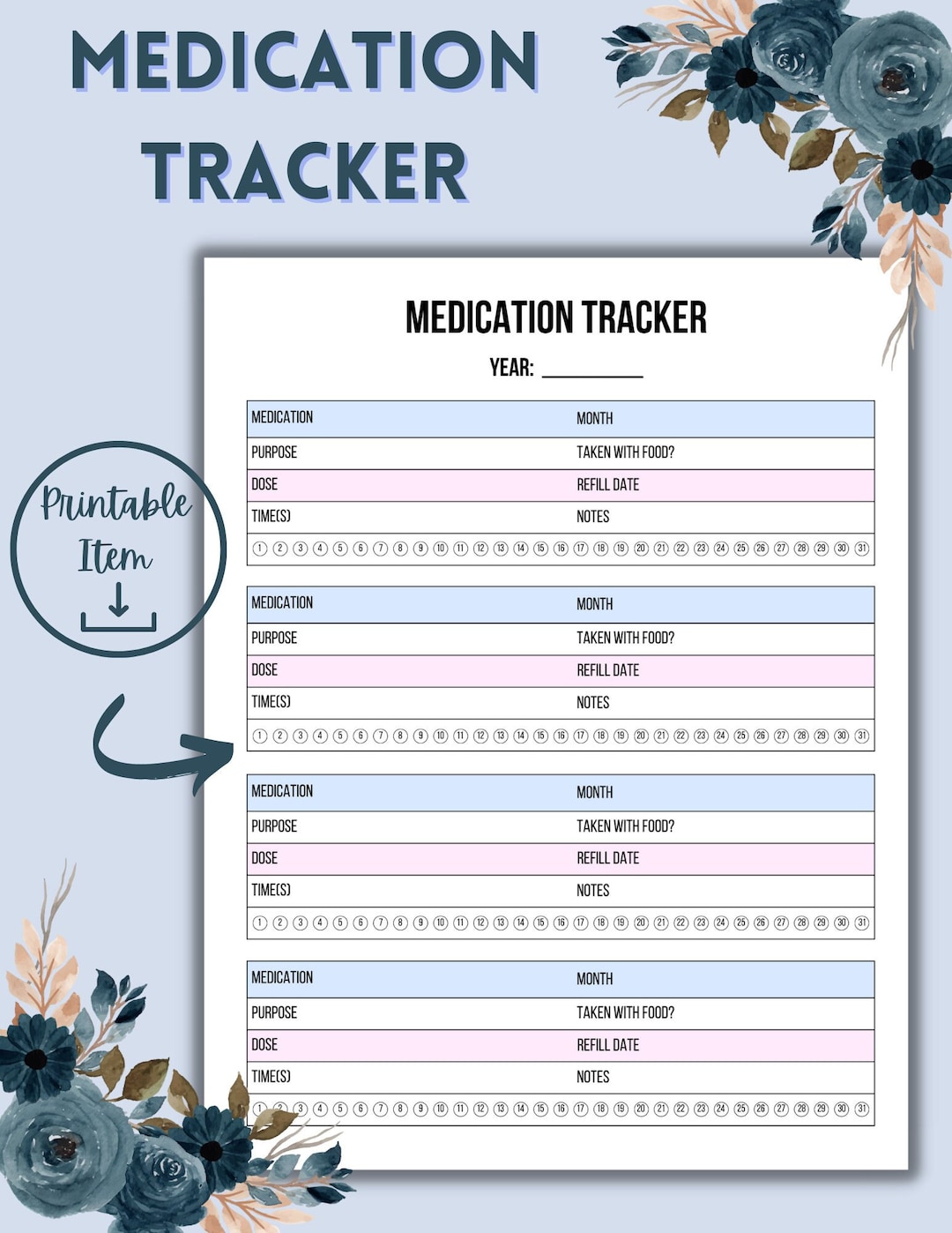 Medication Tracker | Medication Log | Printable A4 or US Letter - Etsy