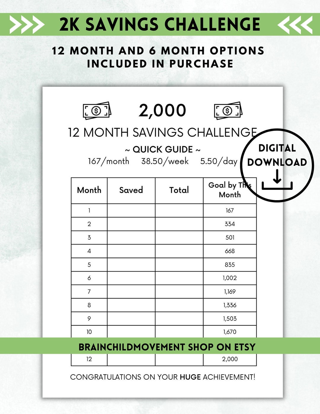 2k Savings Challenge | 2,000 Savings Tracker | Money Saving Challenge ...