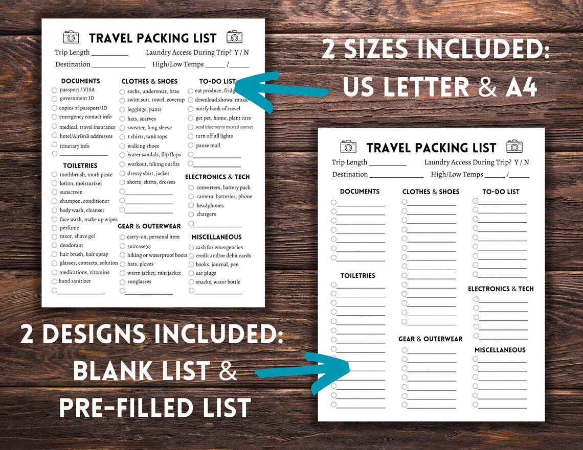 Packing List | Vacation Packing List | A4 & US Letter | Printable - Etsy