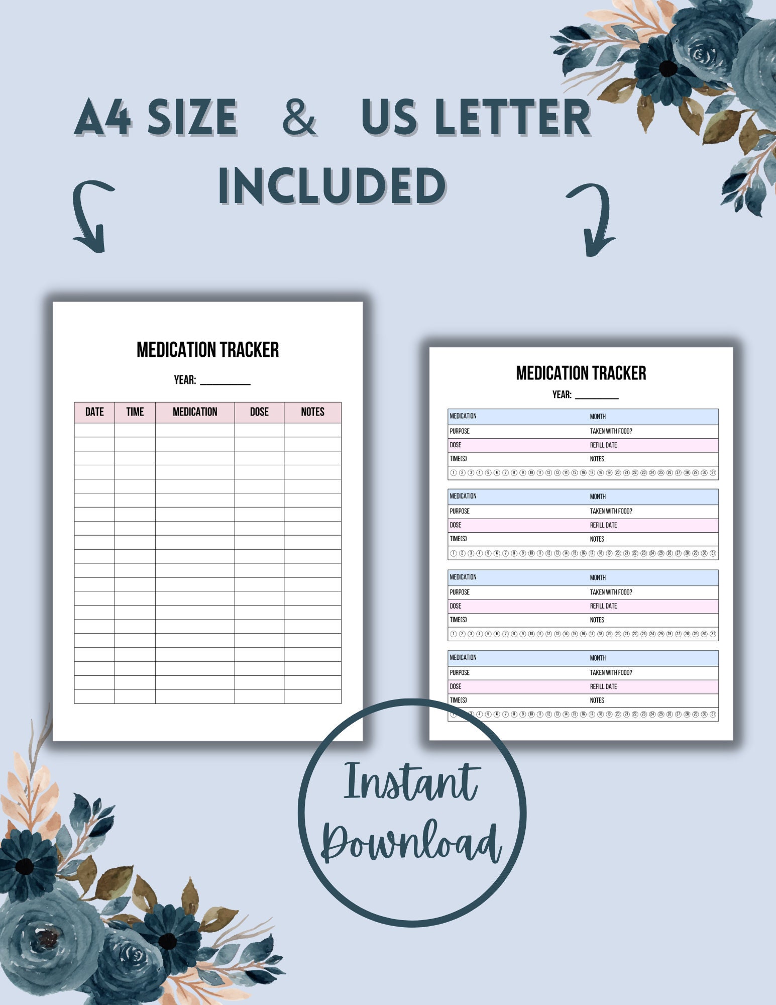 Medication Tracker | Medication Log | Printable A4 or US Letter - Etsy