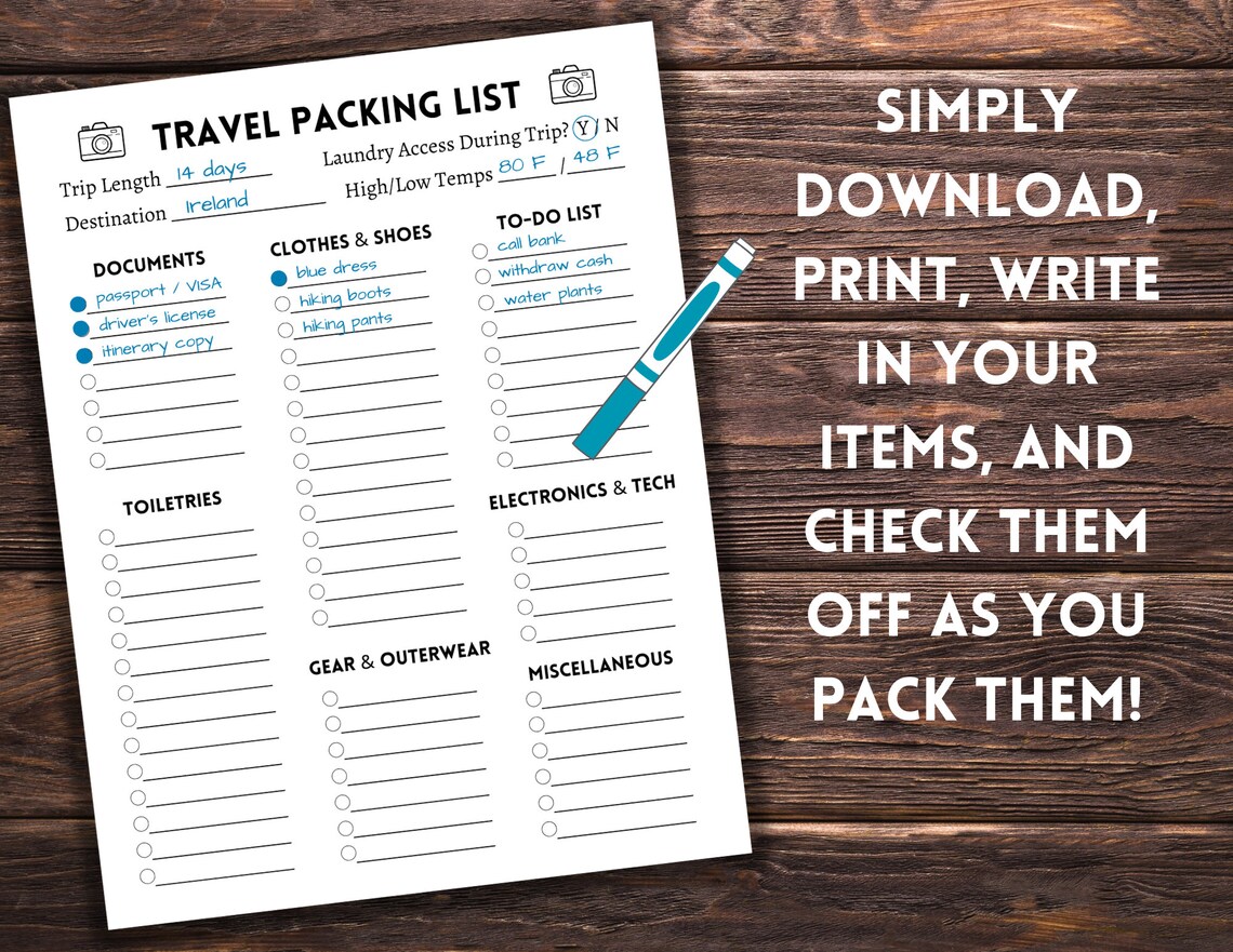 Packing List | Vacation Packing List | A4 & US Letter | Printable - Etsy