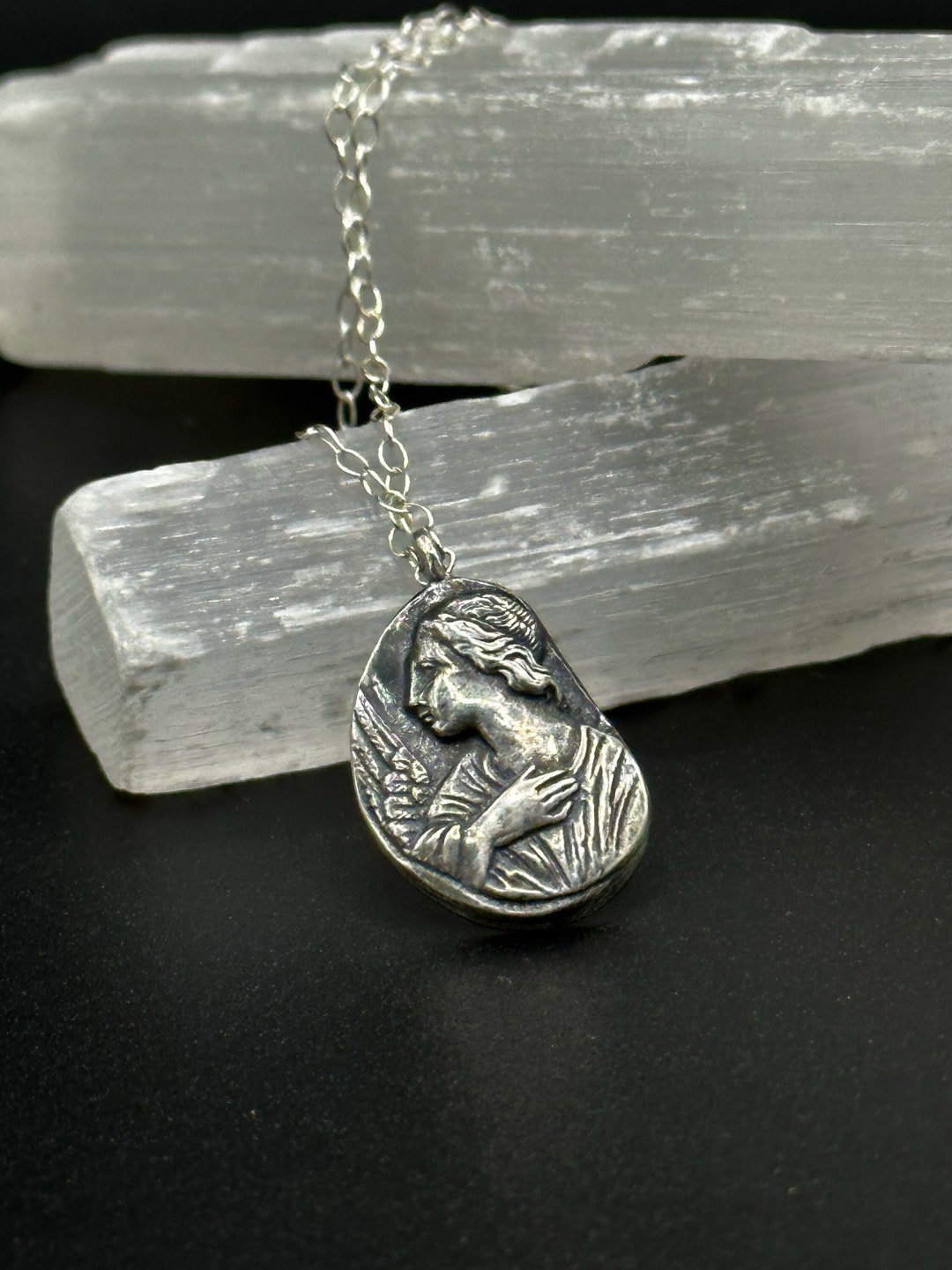 Artisan Made Solid Sterling Silver Winged Angel Cameo Necklace With ...