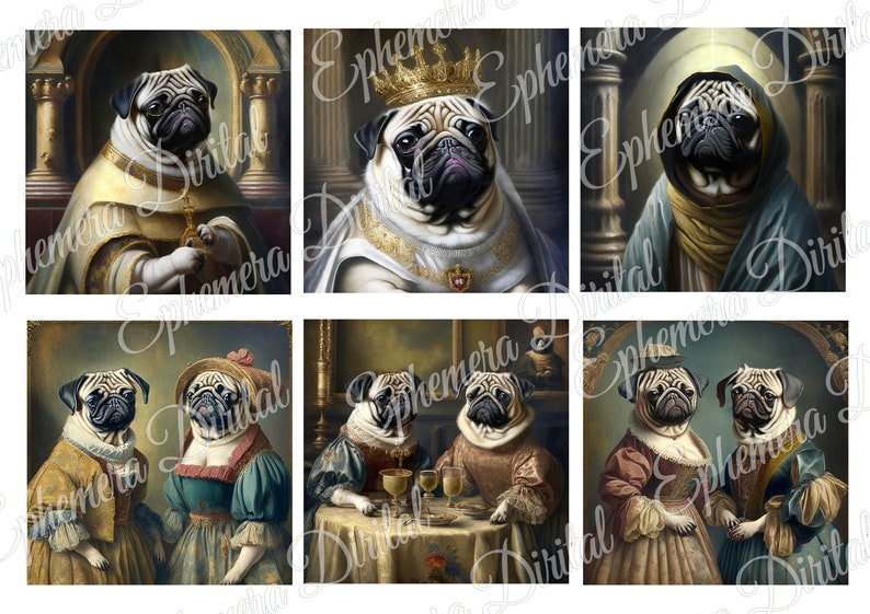 24 Printable Images 4 Collage Sheets A4 300 Dpi Anthropomorphic Pugs ...