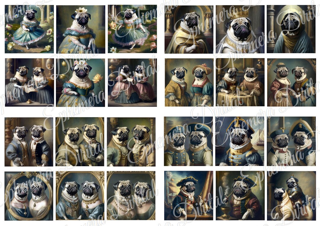 24 Printable Images 4 Collage Sheets A4 300 Dpi Anthropomorphic Pugs ...