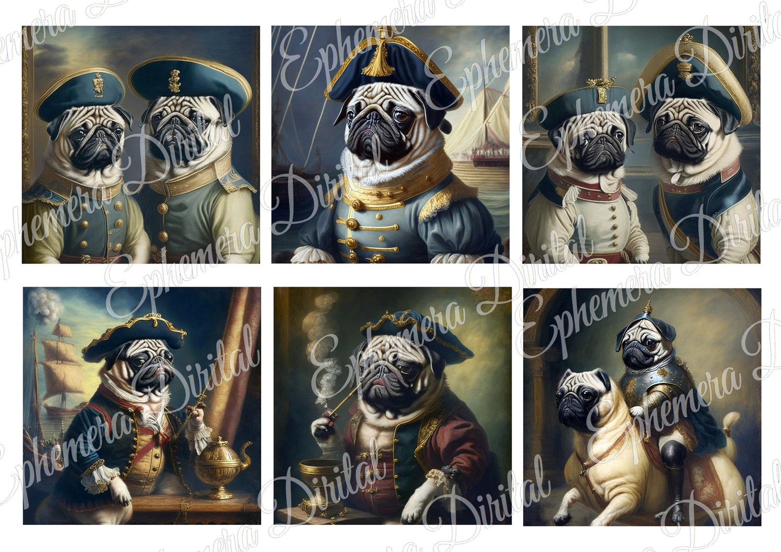 24 Printable Images 4 Collage Sheets A4 300 Dpi Anthropomorphic Pugs ...