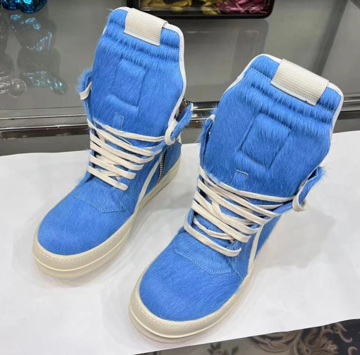 High Quality Rick Owens Inspired Blue Fuzzy Custom Sneakers - Etsy