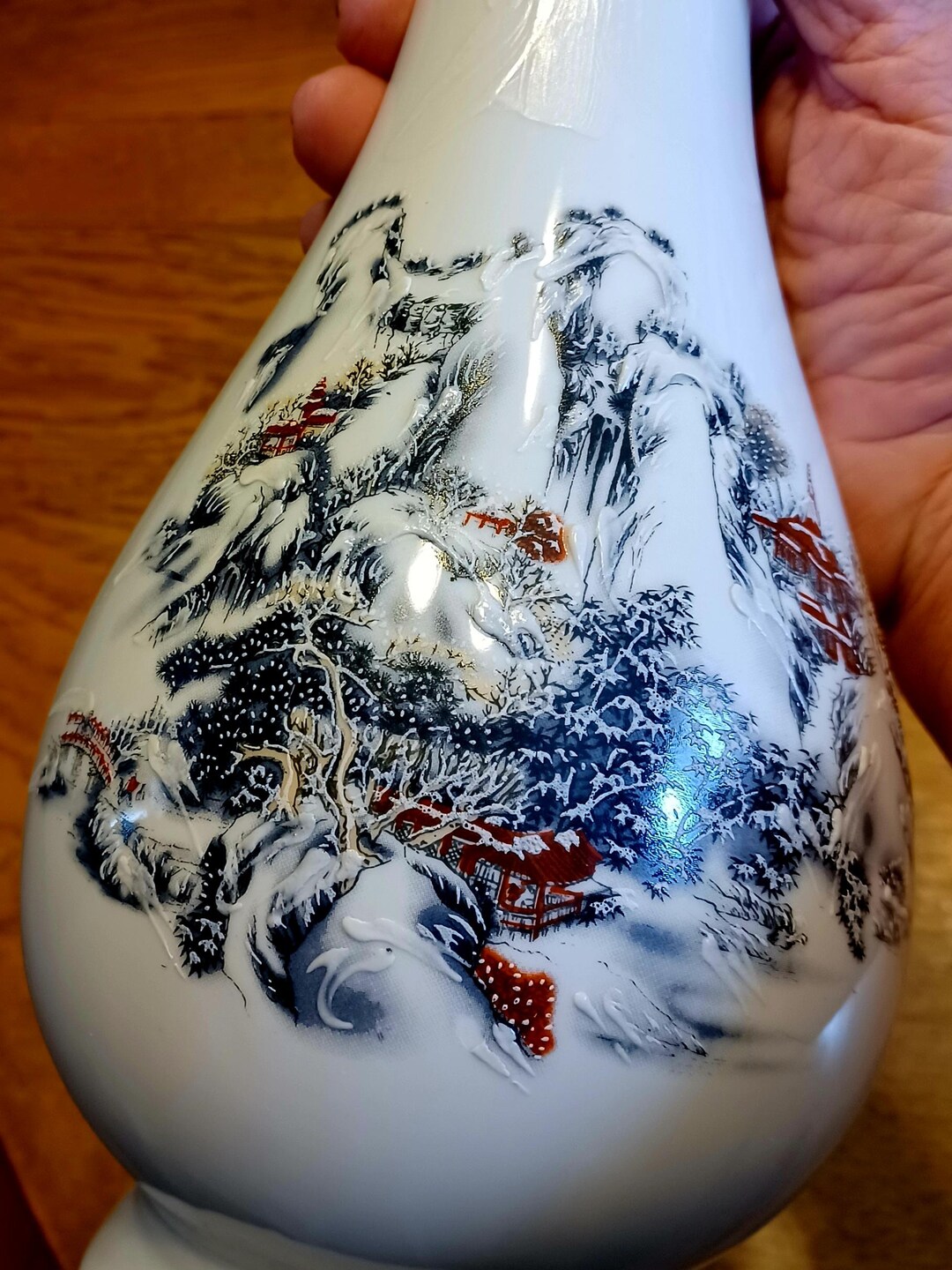 Japanese Vase: Similar to Dragonware, Embossed Snow Scene With Gold Rim ...
