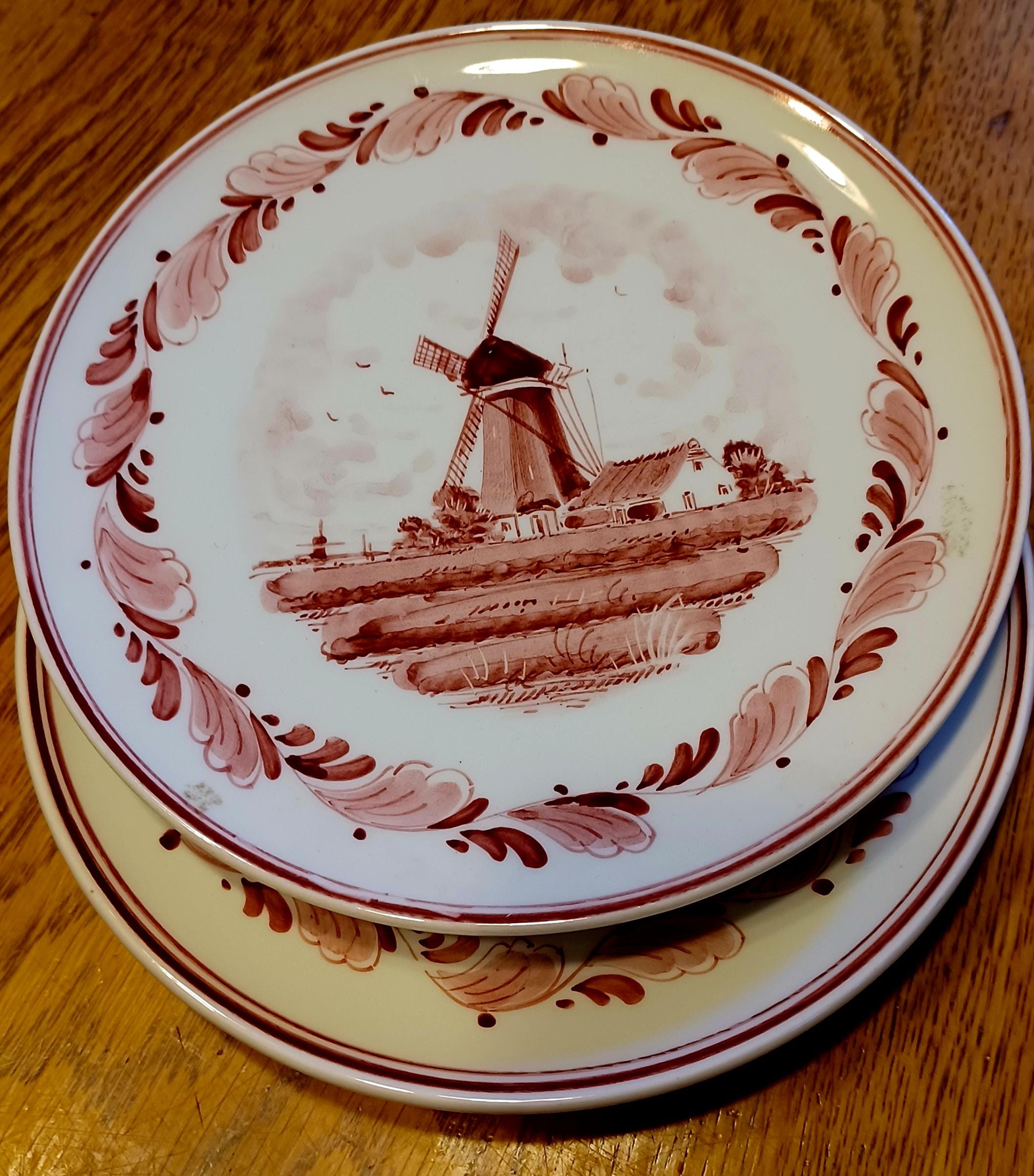 Vintage Set of Delft Plates in Red, Sailboat and Windmill, Marked ...
