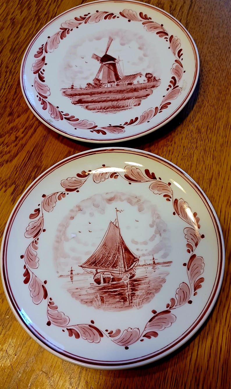 Vintage Set of Delft Plates in Red, Sailboat and Windmill, Marked ...
