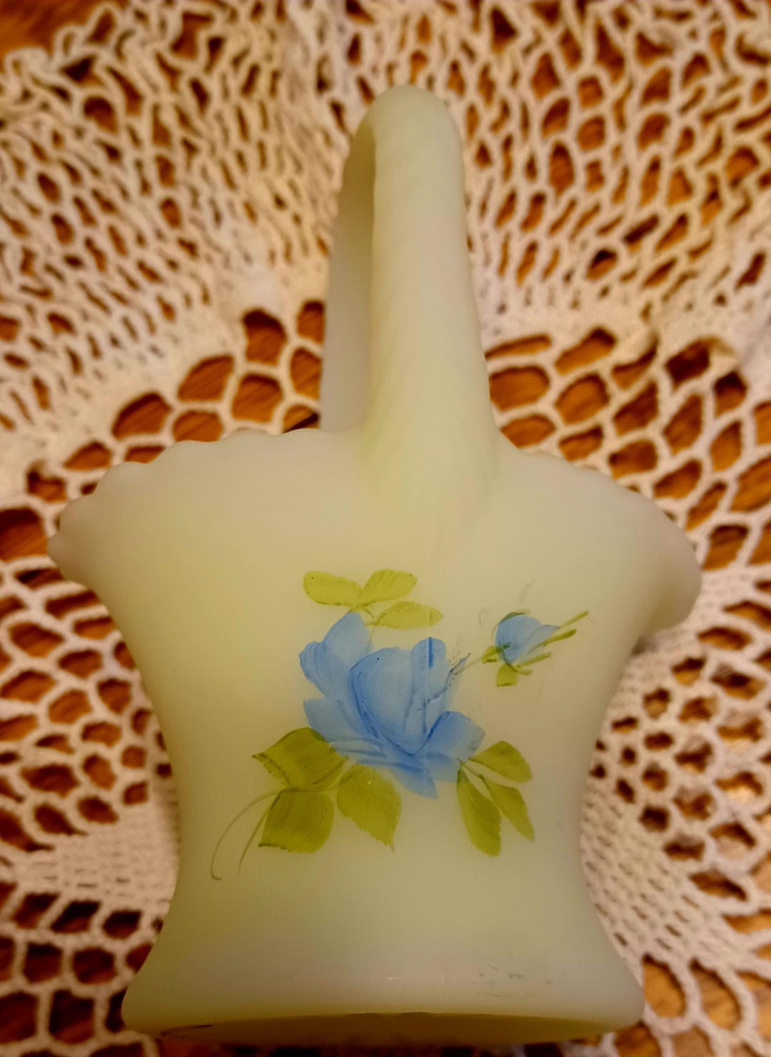 Vintage Fenton Custard Uranium Glass Handled Basket, Blue Rose With ...