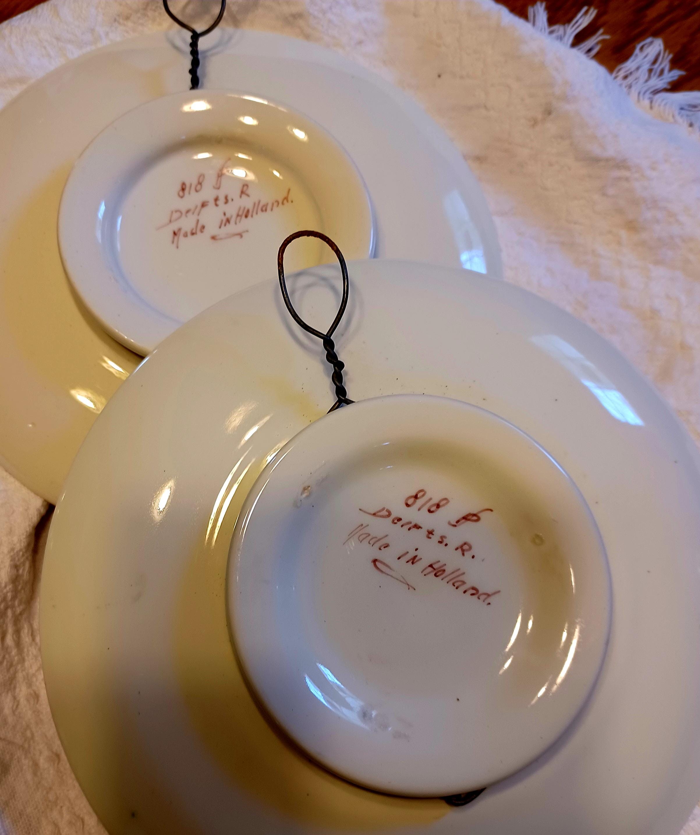 Vintage Set of Delft Plates in Red, Sailboat and Windmill, Marked ...