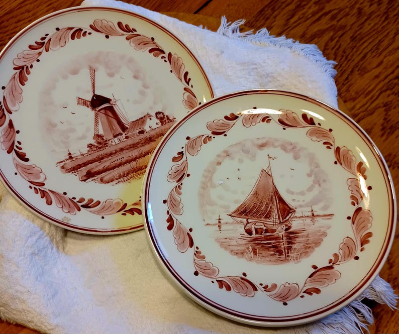 Vintage Set of Delft Plates in Red, Sailboat and Windmill, Marked ...