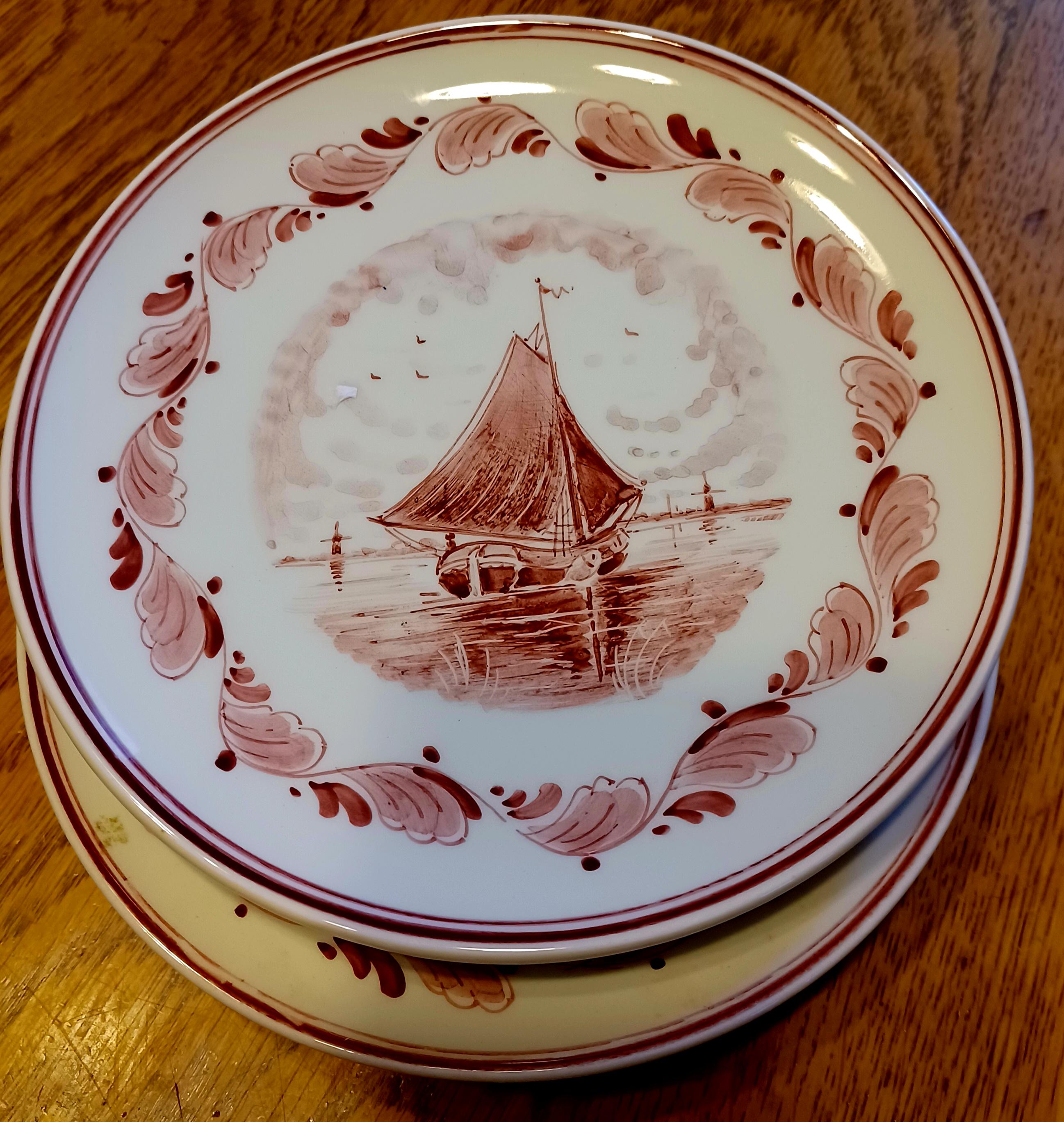 Vintage Set of Delft Plates in Red, Sailboat and Windmill, Marked ...