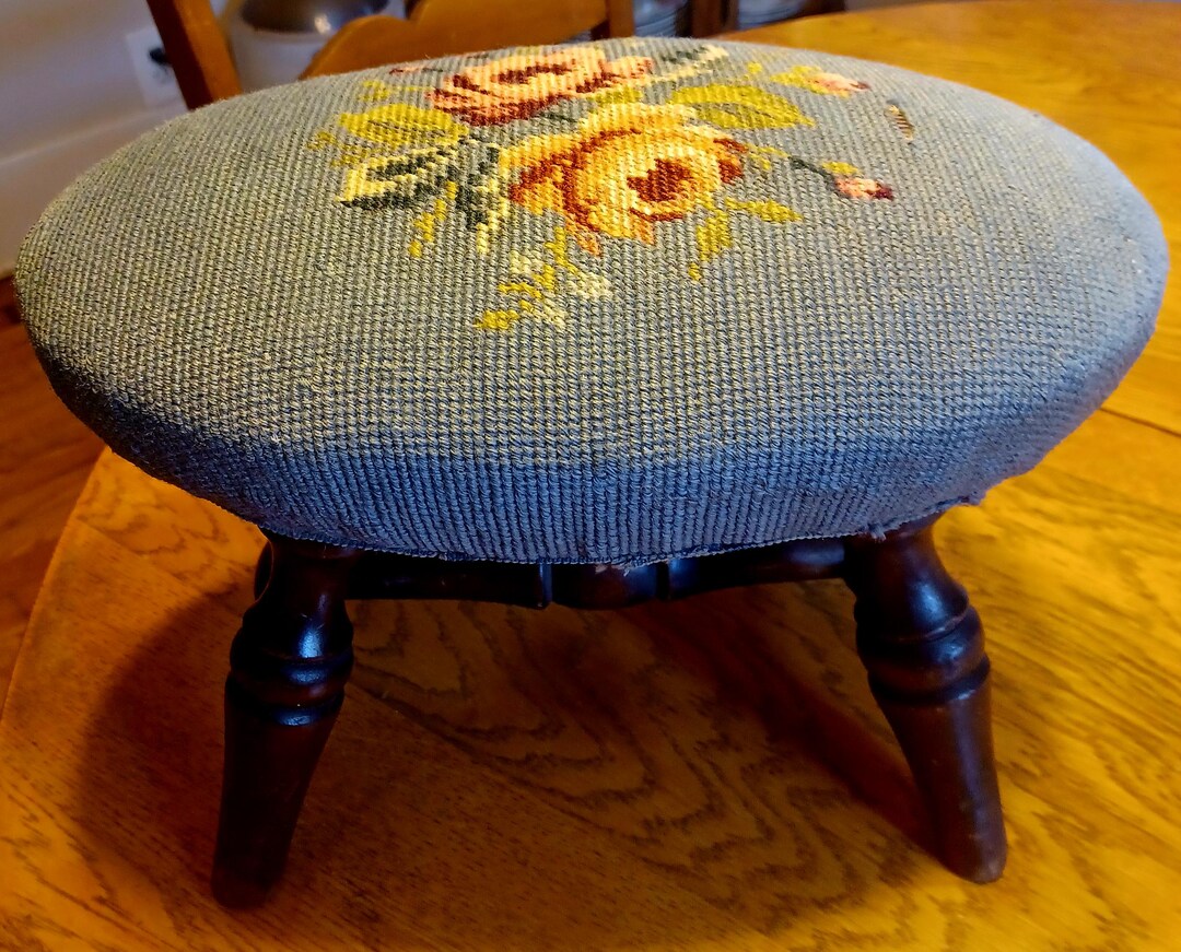 Vintage Needlepoint Foot Stool: Roses & Leaves, Wood Legs,13" X 9" X 8. ...