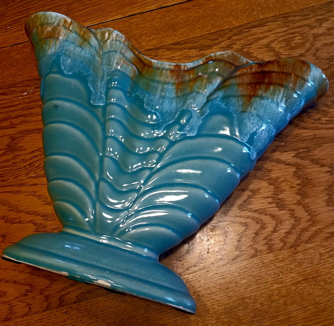 Vintage Robinson Ramsbottom Pottery Fan Vase: Aqua Green Drip Glaze, 13 ...