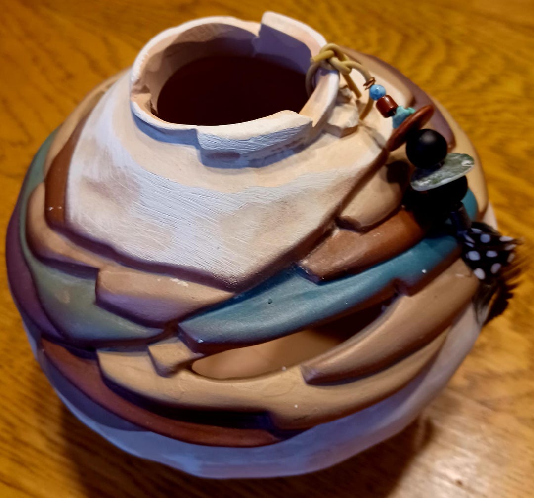 Signed Stephen Kaye Pottery Vessel: Southwest Style With Feather Charm ...