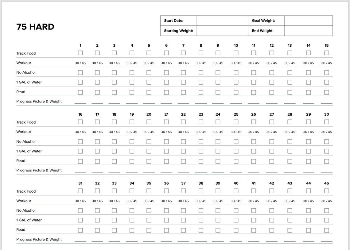 75 Hard Printable - Etsy