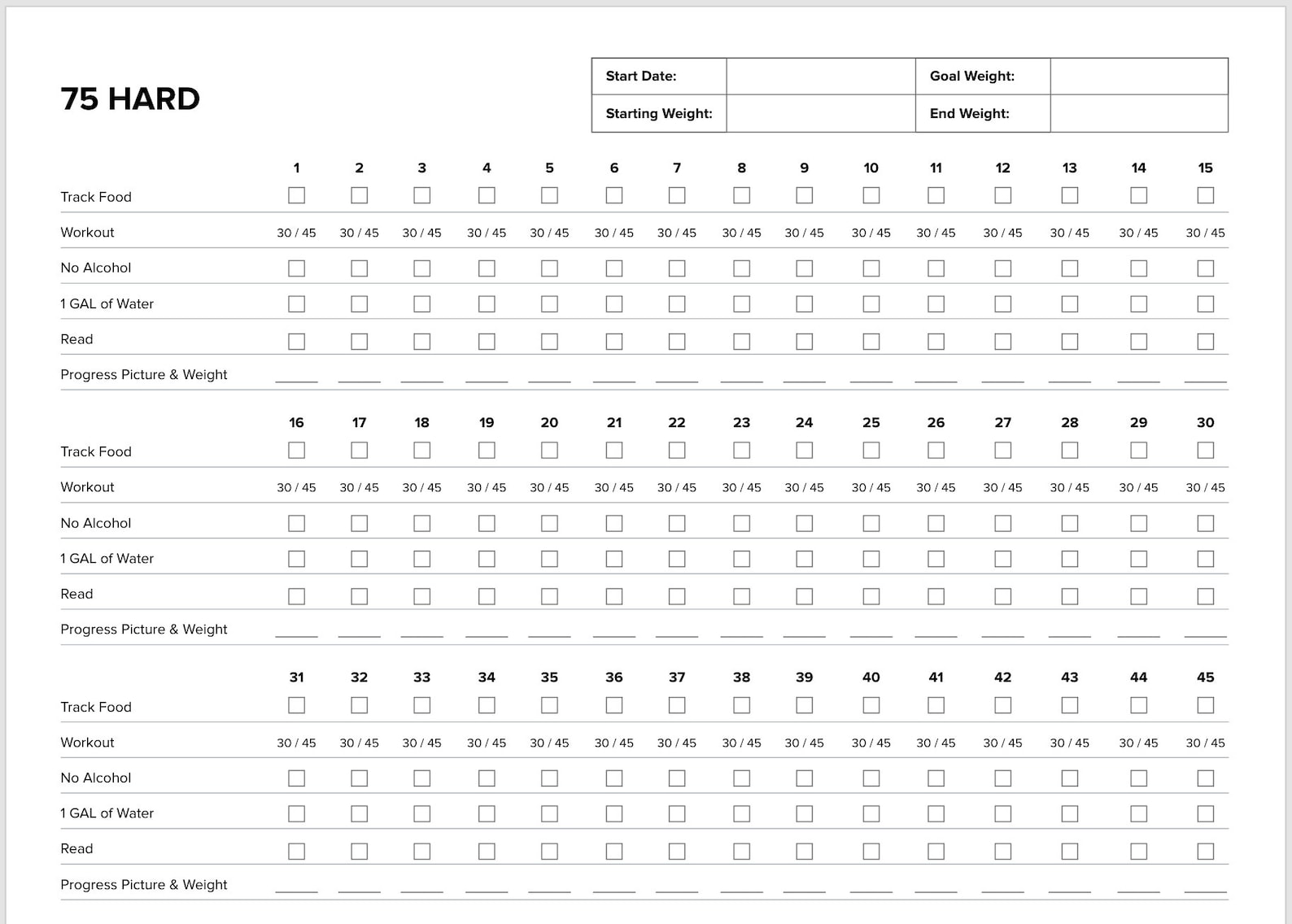 75 Hard Printable - Etsy