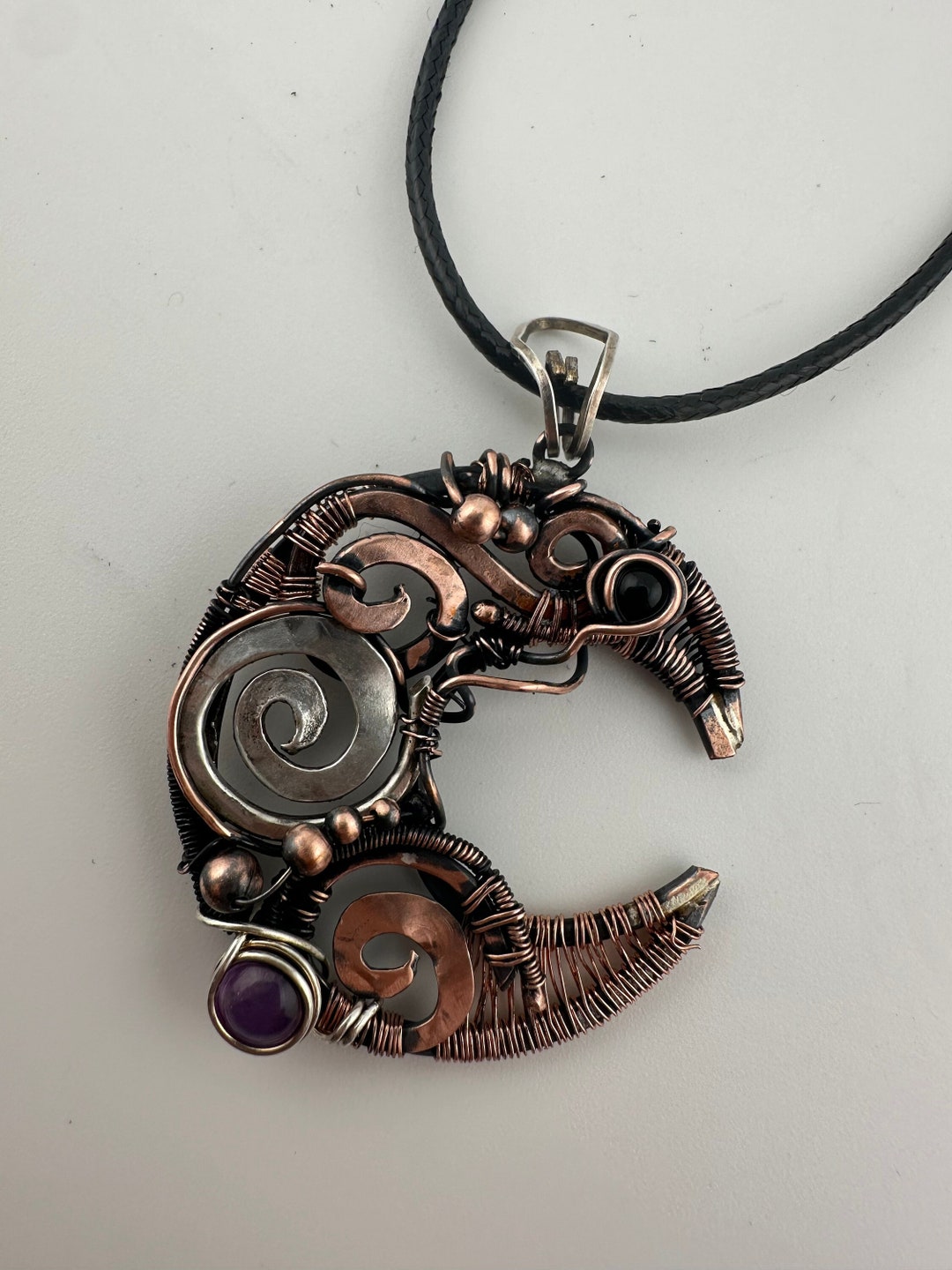 Handcrafted Wire Wrapped Crescent Moon Pendant With Amethyst and Black ...