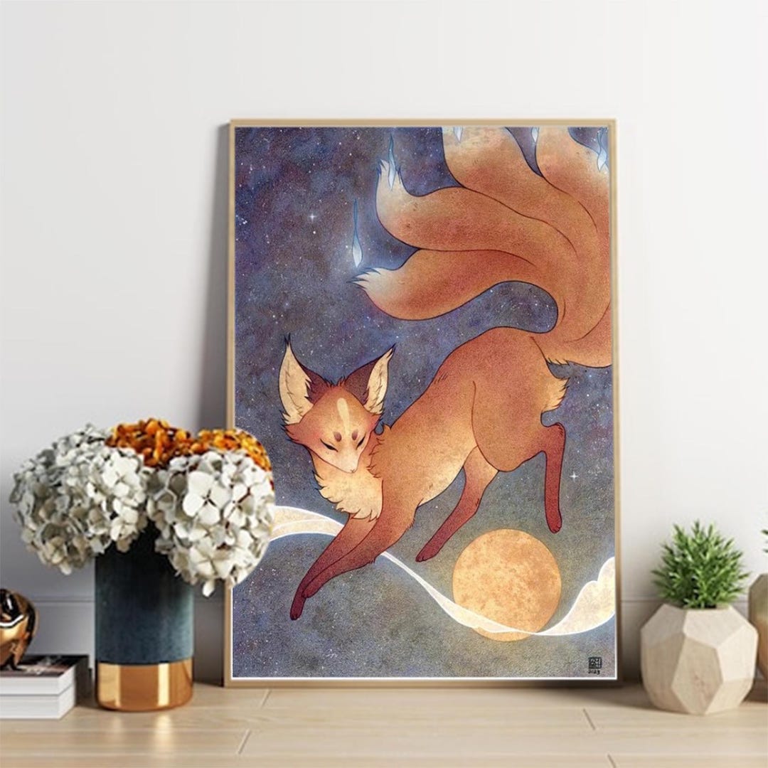 Kitsune Céleste Sautant Par-dessus La Lune Poster - Etsy