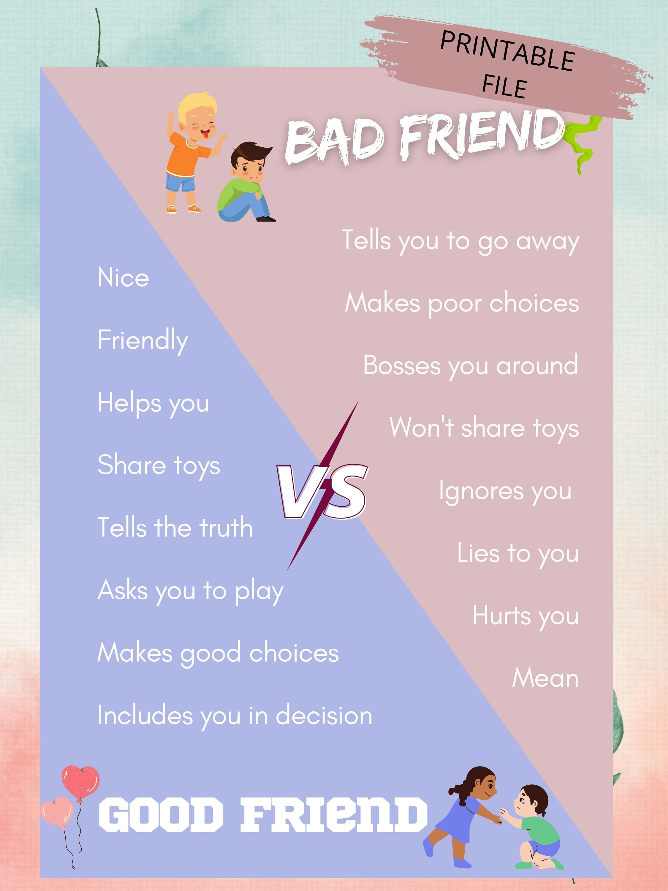 Good Vs Bad Friends Poster - PRINTABLE Emotional Learning Social Skills ...