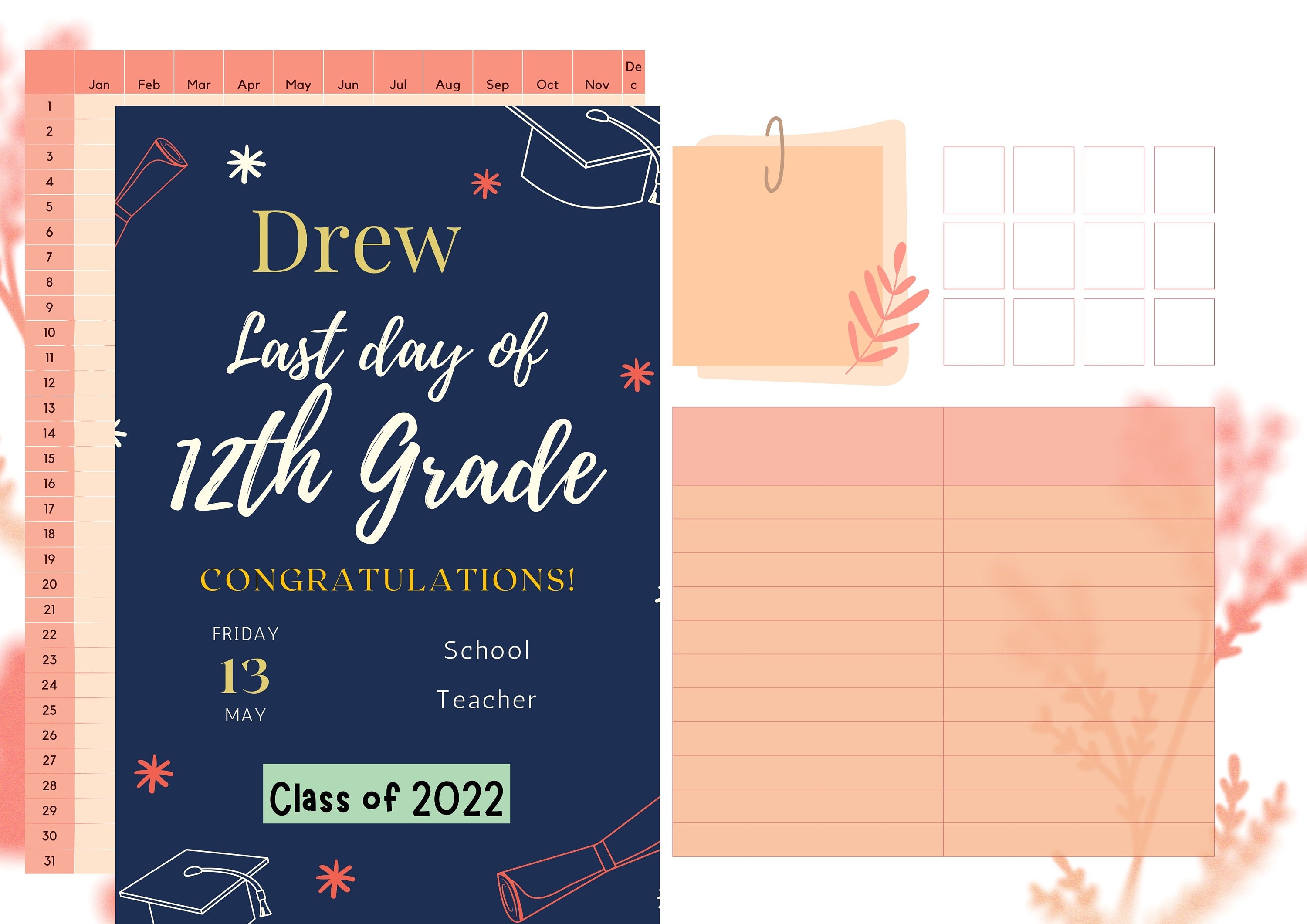 Editable First or Last Day of School - 12th Grade Boy or Girl Cute ...