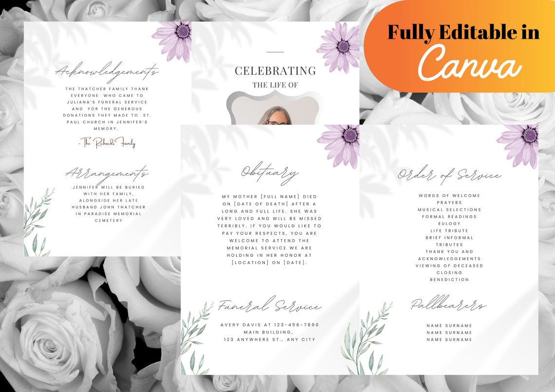 Funeral Programs Template Floral Obituary Template for Funeral Memorial ...
