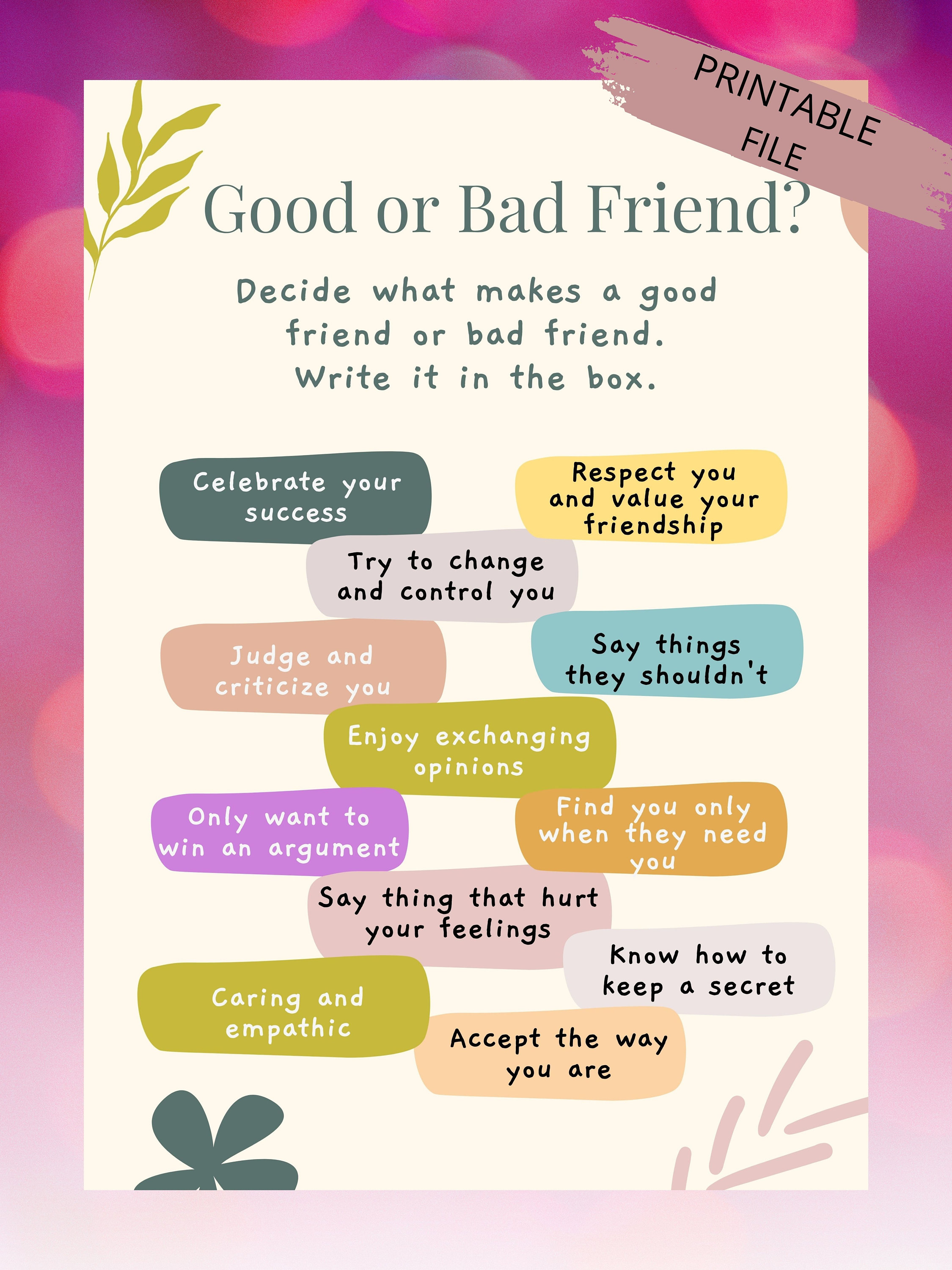 Good Vs Bad Friends Poster - PRINTABLE Social Emotional Learning Skills ...