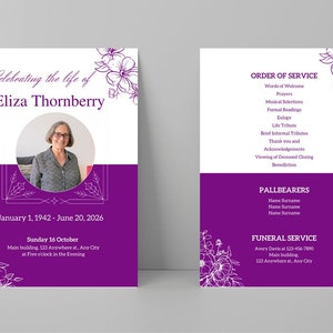 Editable Purple Funeral Program Template | Funeral Memorial ...