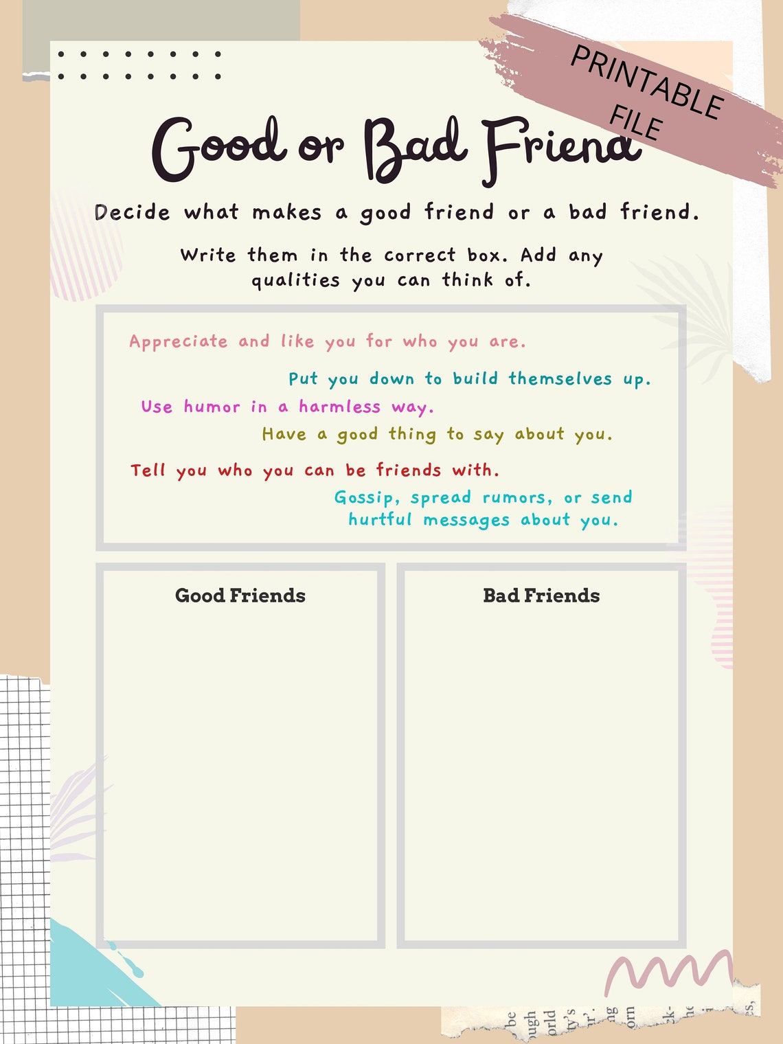 Good Vs Bad Friends Poster PRINTABLE Emotional Learning - Etsy