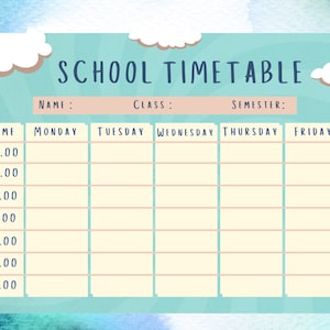 Editable School Timetable for Kids | Cloud Theme | Printable School ...