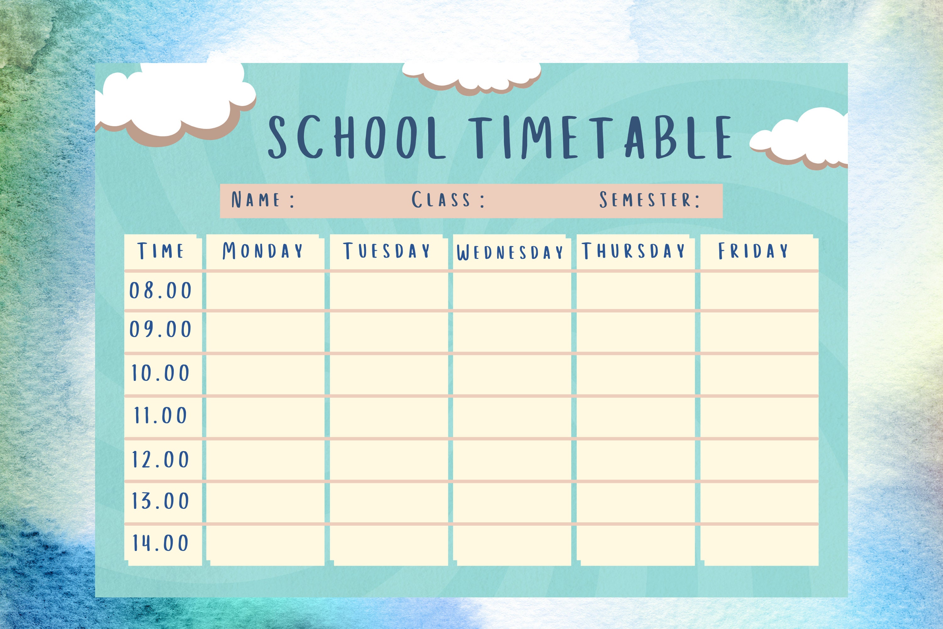 Editable School Timetable for Kids | Cloud Theme | Printable School ...