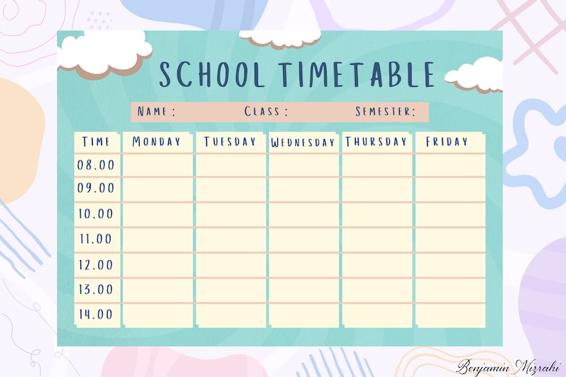Editable School Timetable for Kids | Cloud Theme | Printable School ...