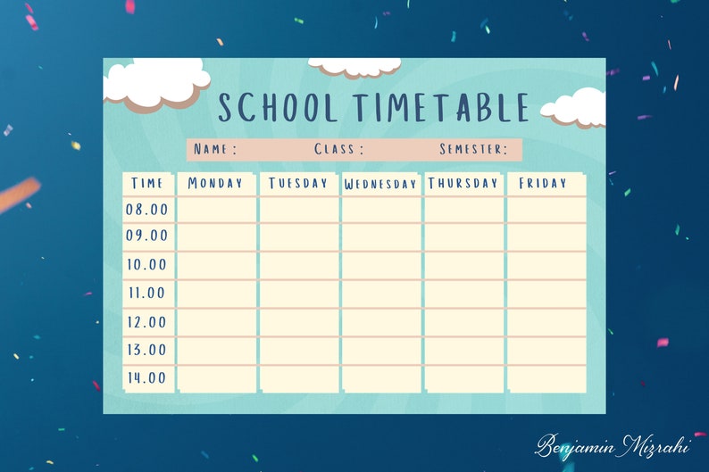 Editable School Timetable for Kids | Cloud Theme | Printable School ...