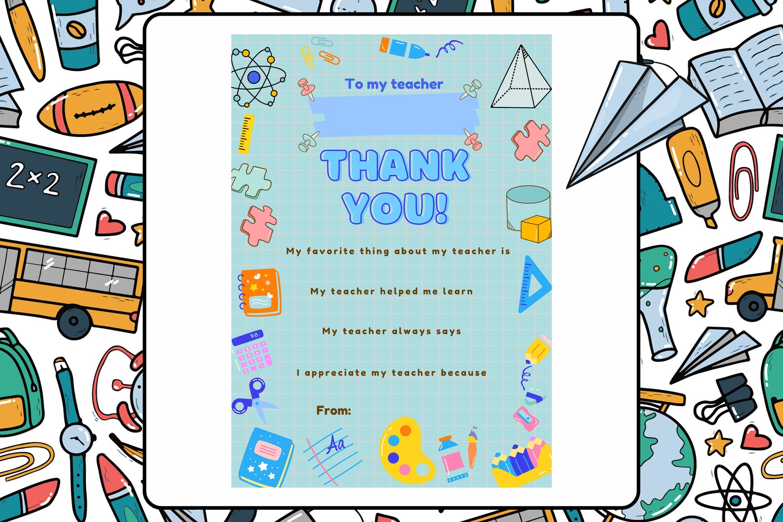 Editable Thank You Teacher Card: Student Gift (digital Card) - Etsy
