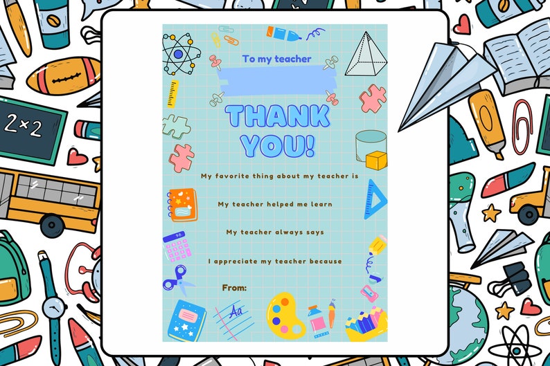 Editable Thank You Teacher Card: Student Gift (digital Card) - Etsy