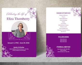 Editable Purple Funeral Program Template Funeral Memorial Celebration ...