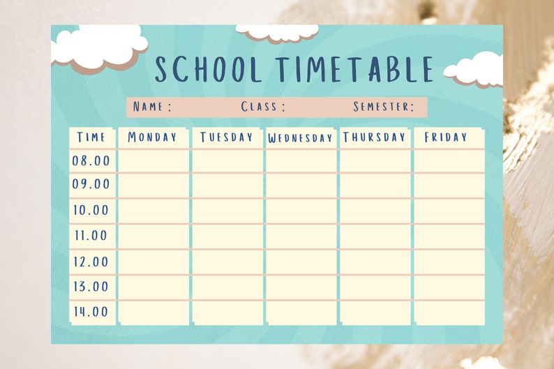 Editable School Timetable for Kids | Cloud Theme | Printable School ...