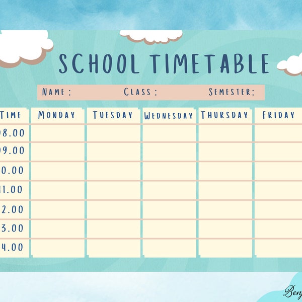 Editable School Timetable for Kids Cloud Theme Printable School ...