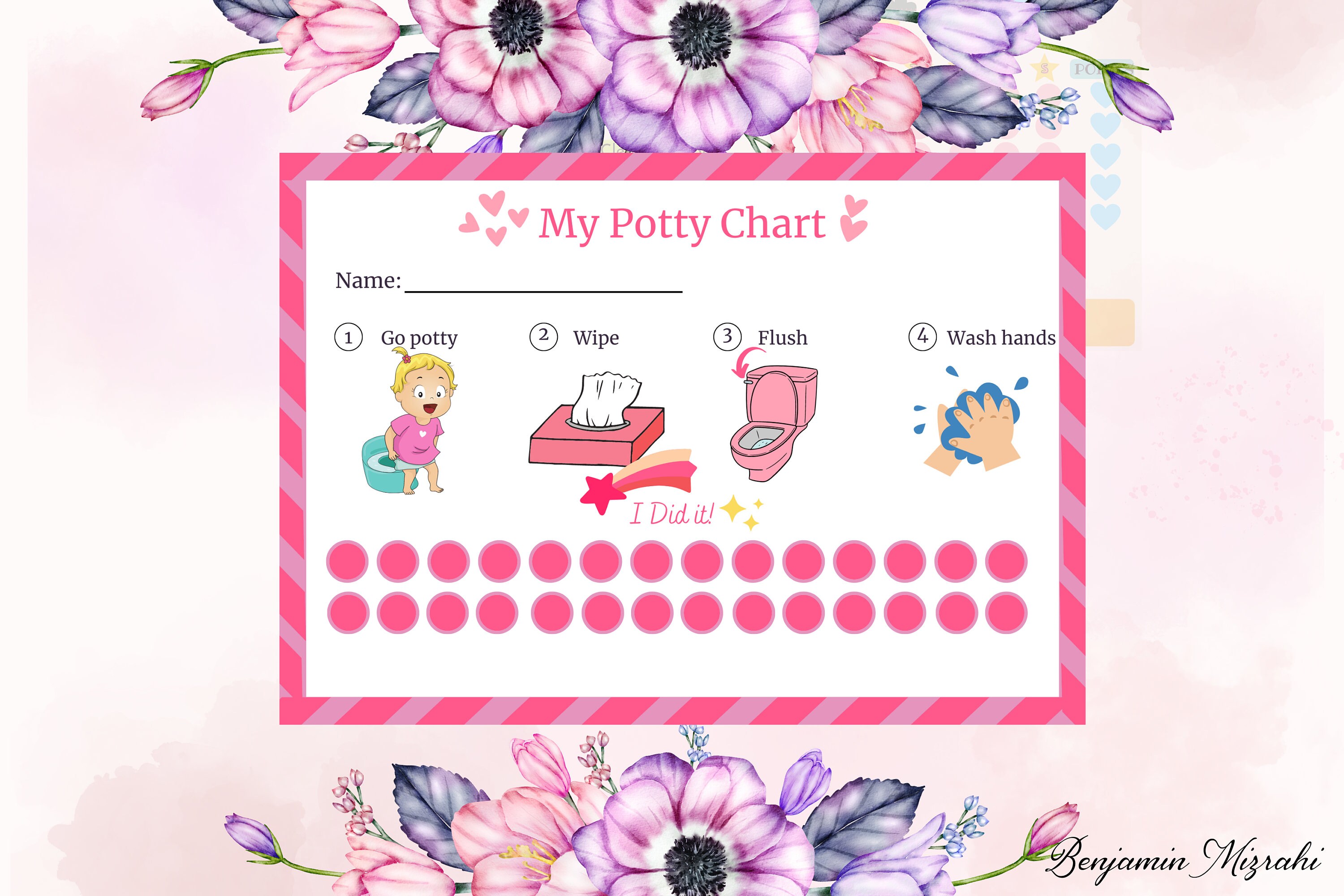 Pink Heart Tone Potty Training Chart for Kids - Step by Step Toilet ...