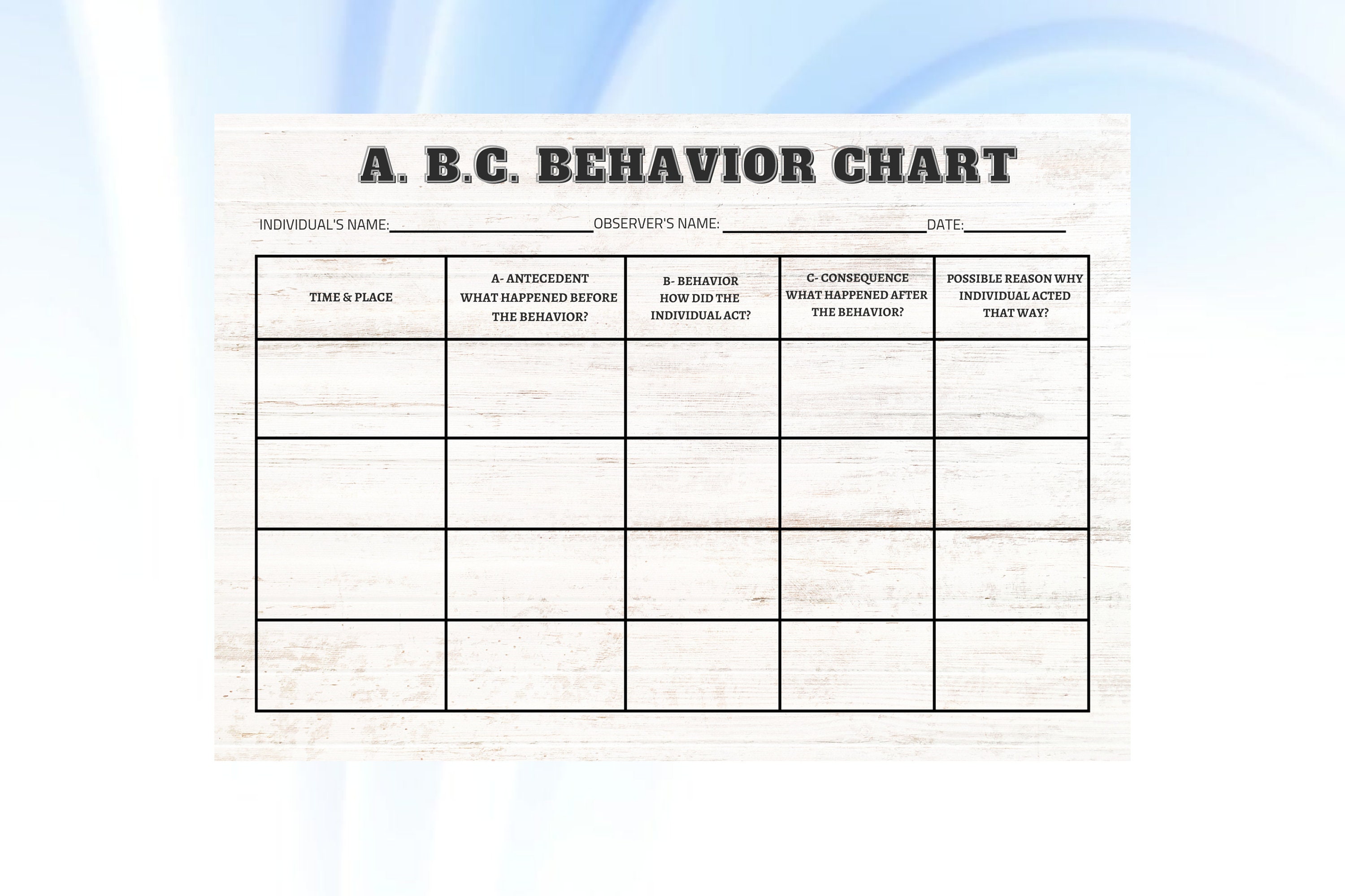 Kids ABC Chart Form Printable - Editable Behavior Consequence Chart ...