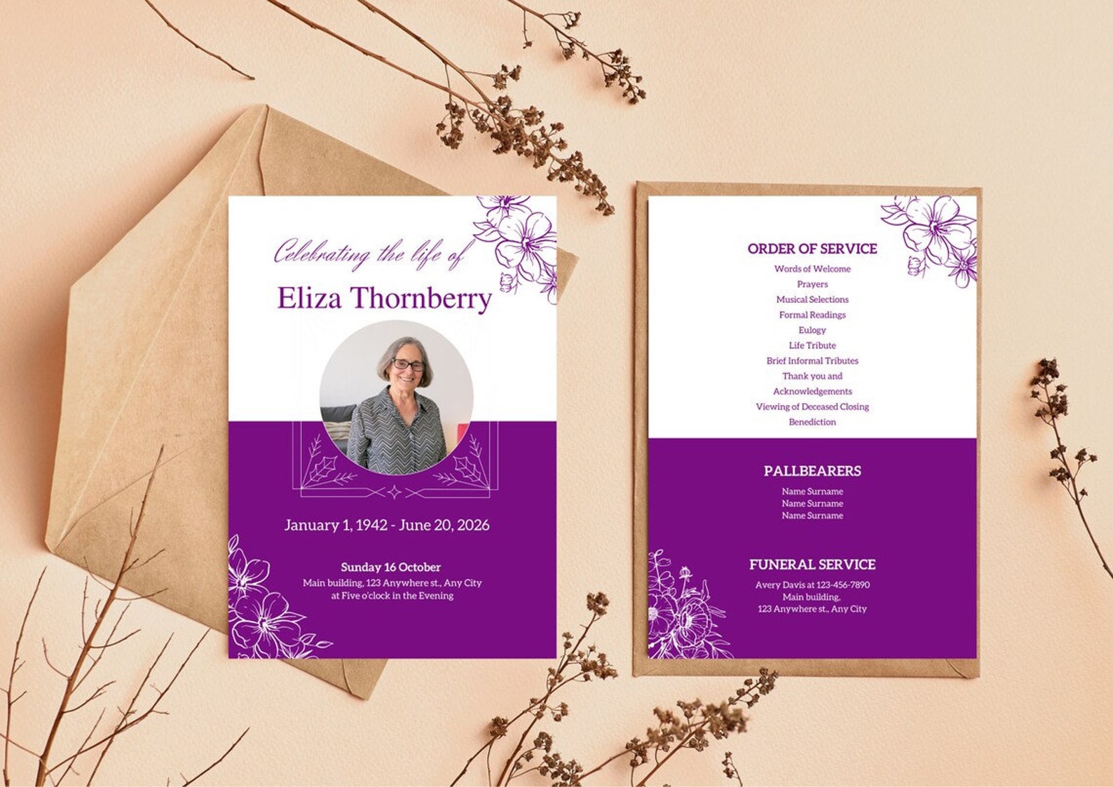 Editable Purple Funeral Program Template Funeral Memorial Celebration ...