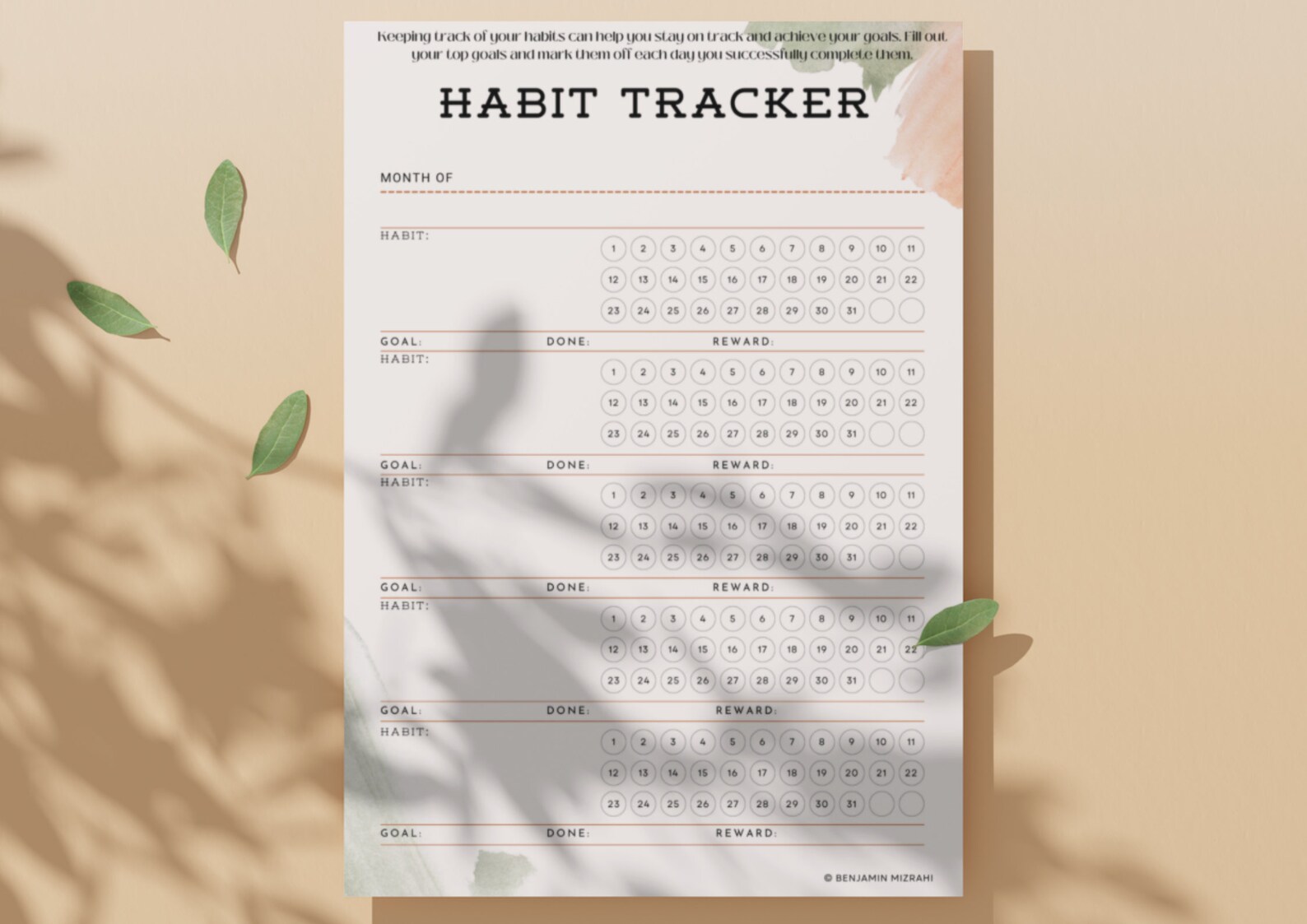 Monthly Habit Tracker Printable Goal Planner Mindfulness Planner Simple ...