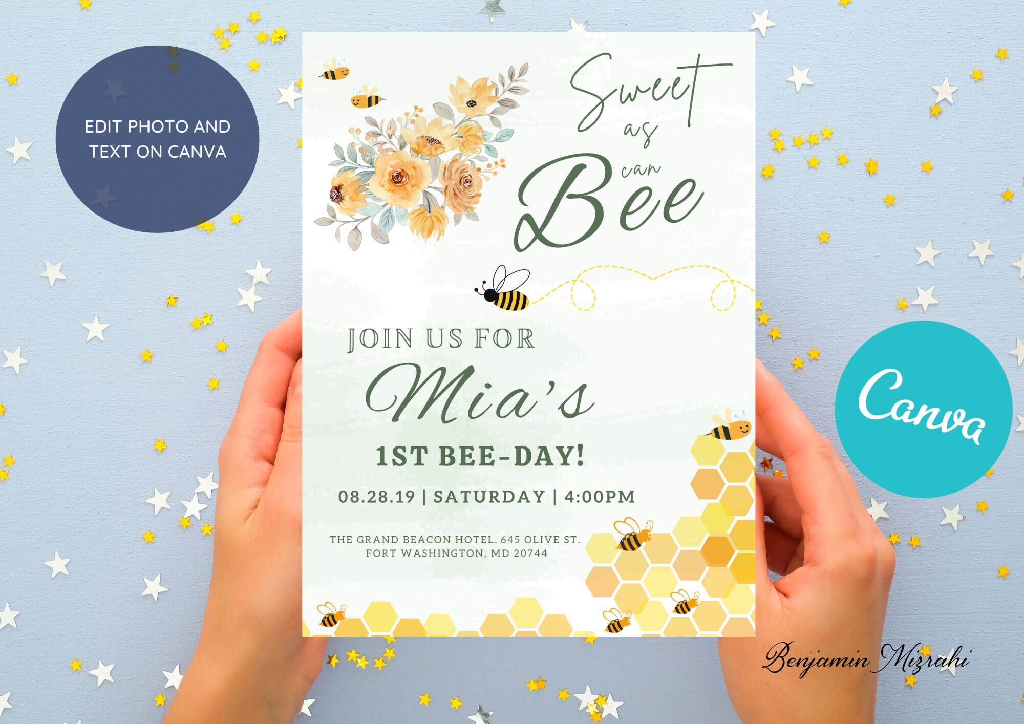 Modern Bee First Birthday Invitation, Editable Floral Invite, Printable ...